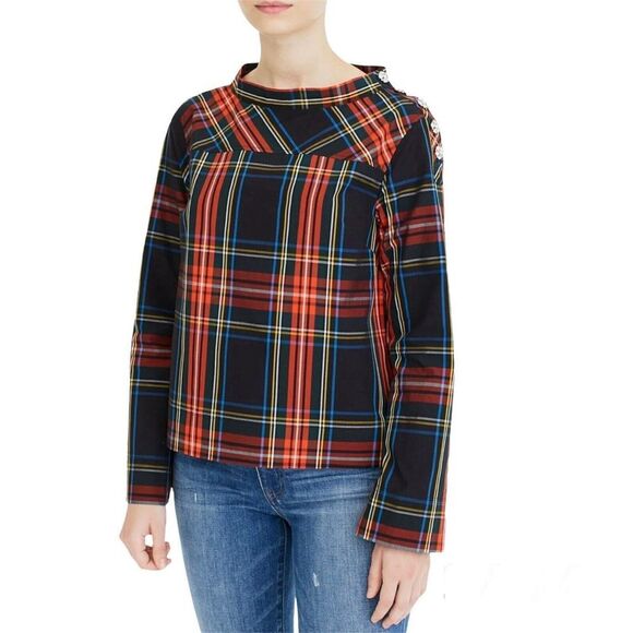 J. Crew | Tops | J Crew Funnelneck Top In Stewart Tartan With Jeweled ...